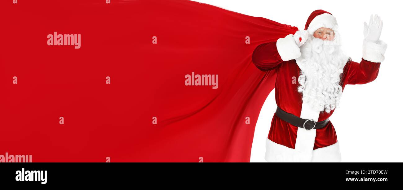 Santa Claus with big red bag full of Christmas presents on white ...