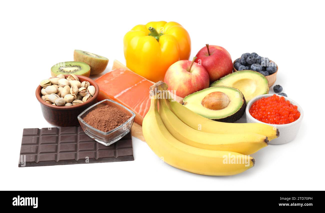 Many different products isolated on white. Natural sources of serotonin ...