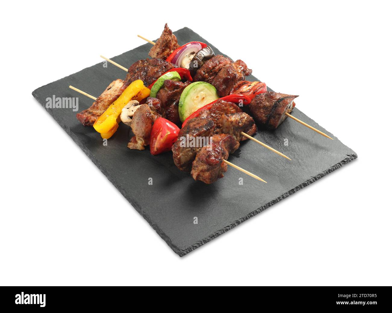 Delicious shish kebabs with vegetables isolated on white Stock Photo ...