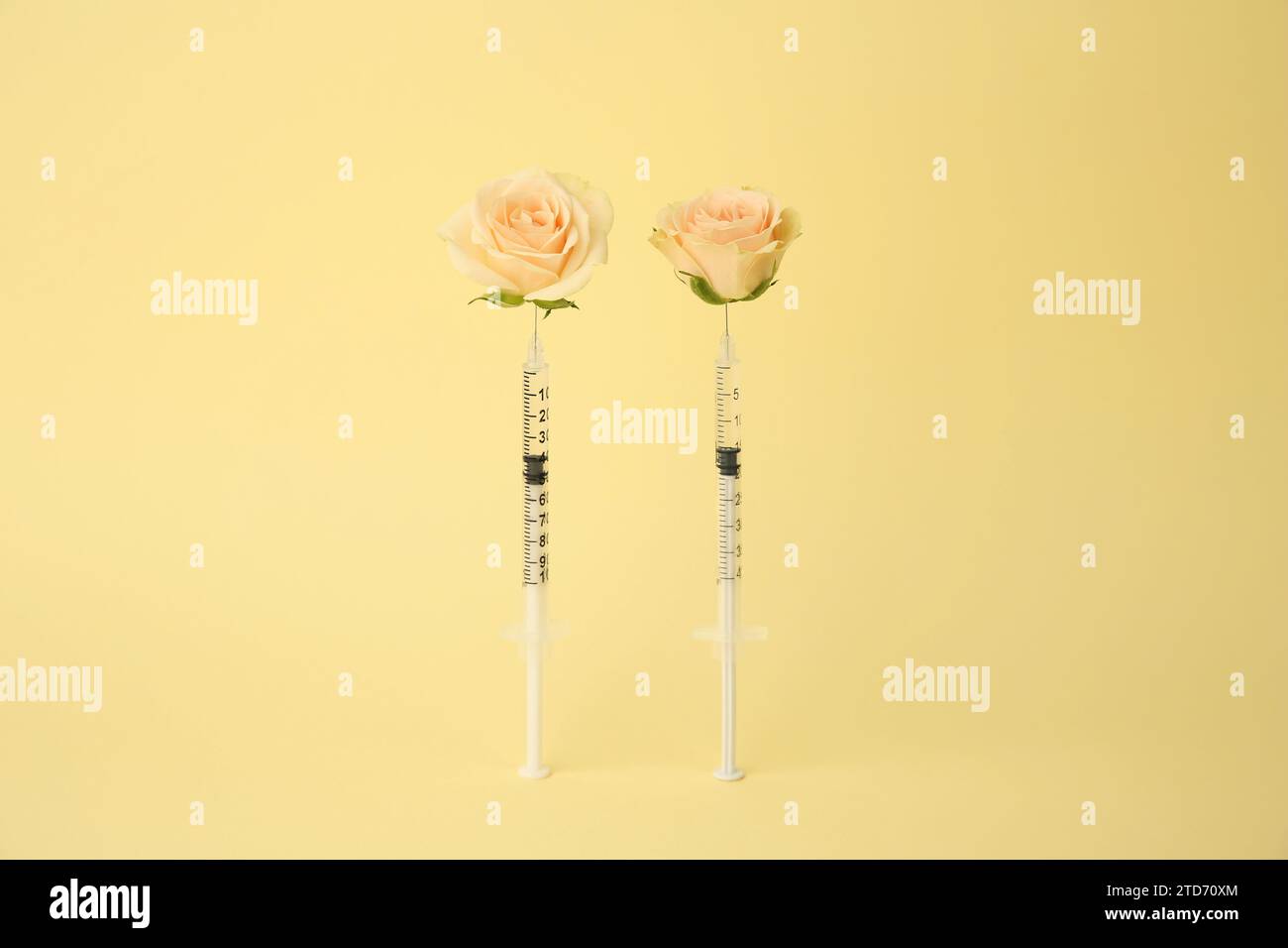 Medical syringes and rose flowers on pale yellow background Stock Photo ...