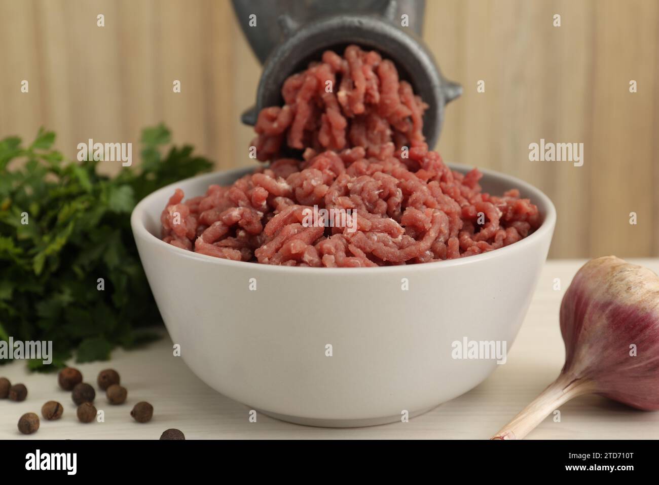 Mincing beef with manual meat grinder. Parsley, garlic and peppercorns ...