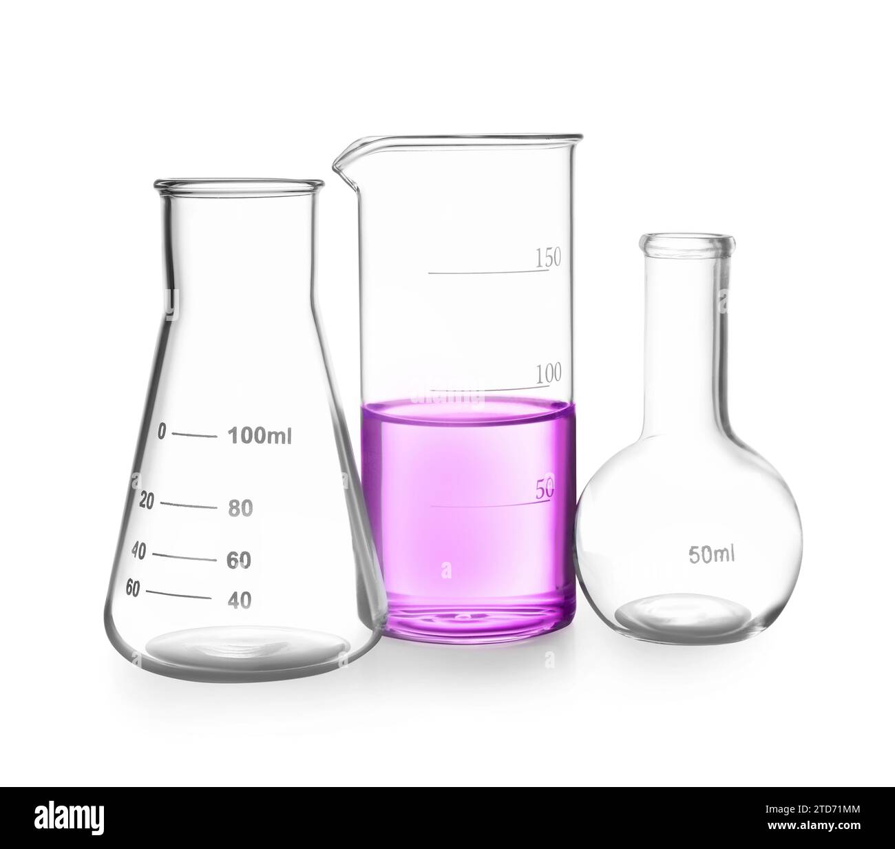 Glass flasks and beaker with color liquid isolated on white Stock Photo ...