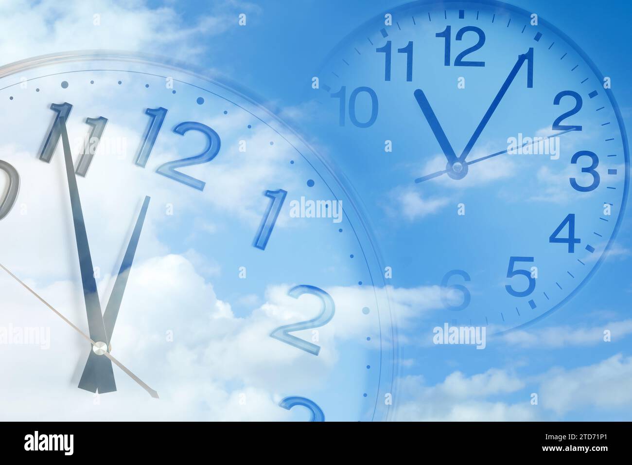 Time concept. Double exposure of blue sky with fluffy clouds and clocks ...