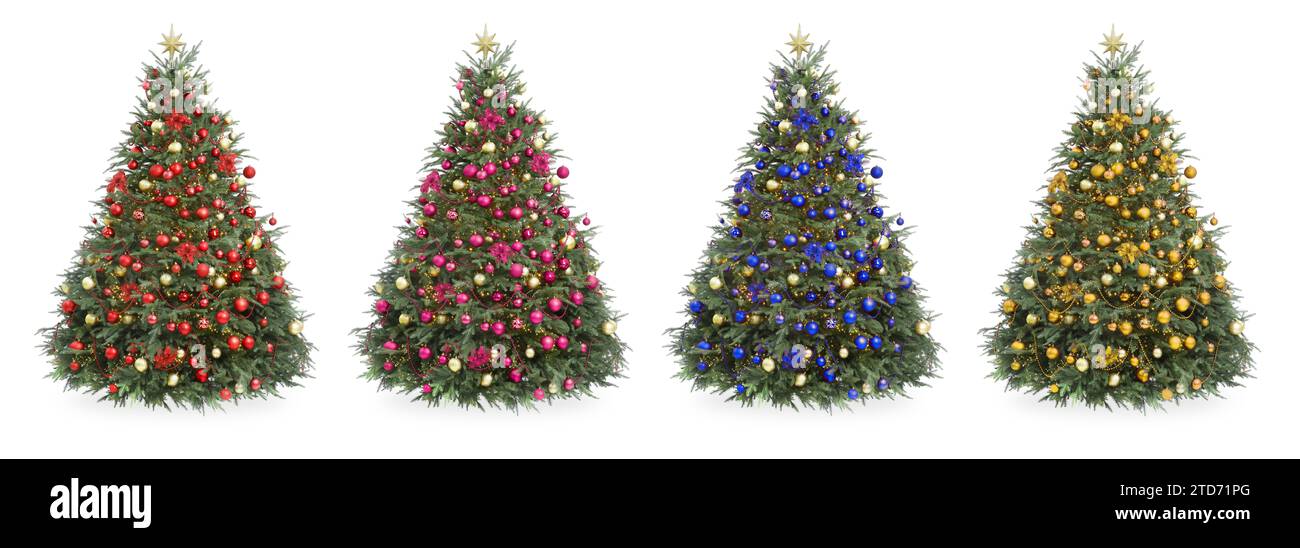 Christmas trees decorated in different colors isolated on white ...