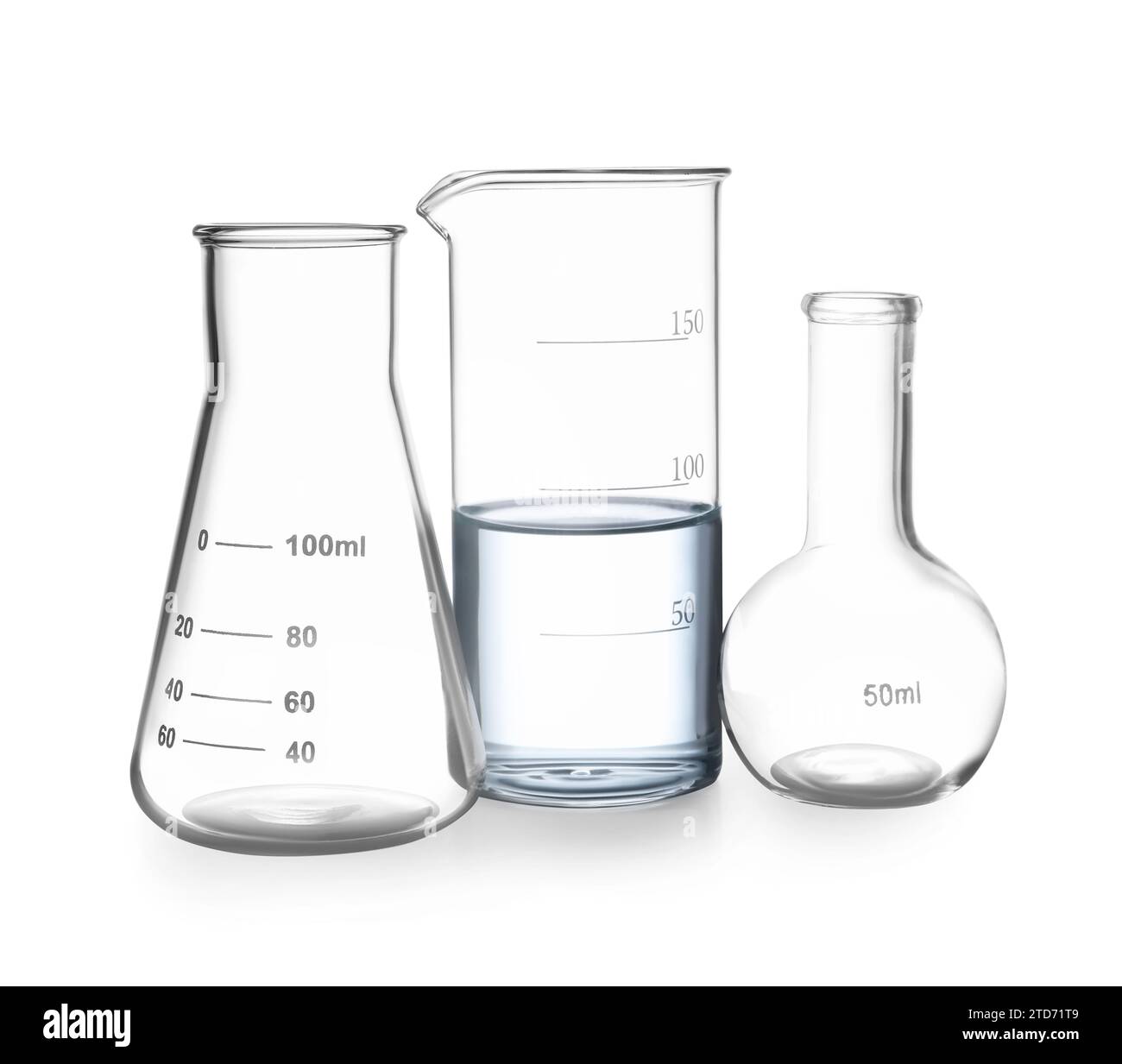 Empty flasks and beaker with water isolated on white Stock Photo - Alamy