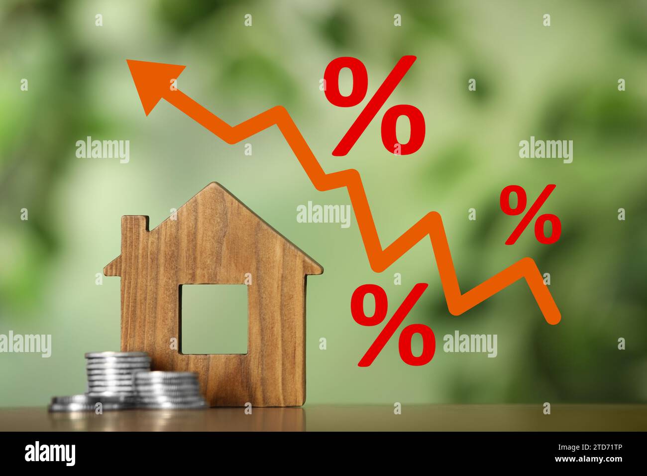 Mortgage rate rising illustrated by upward arrow between percent signs ...