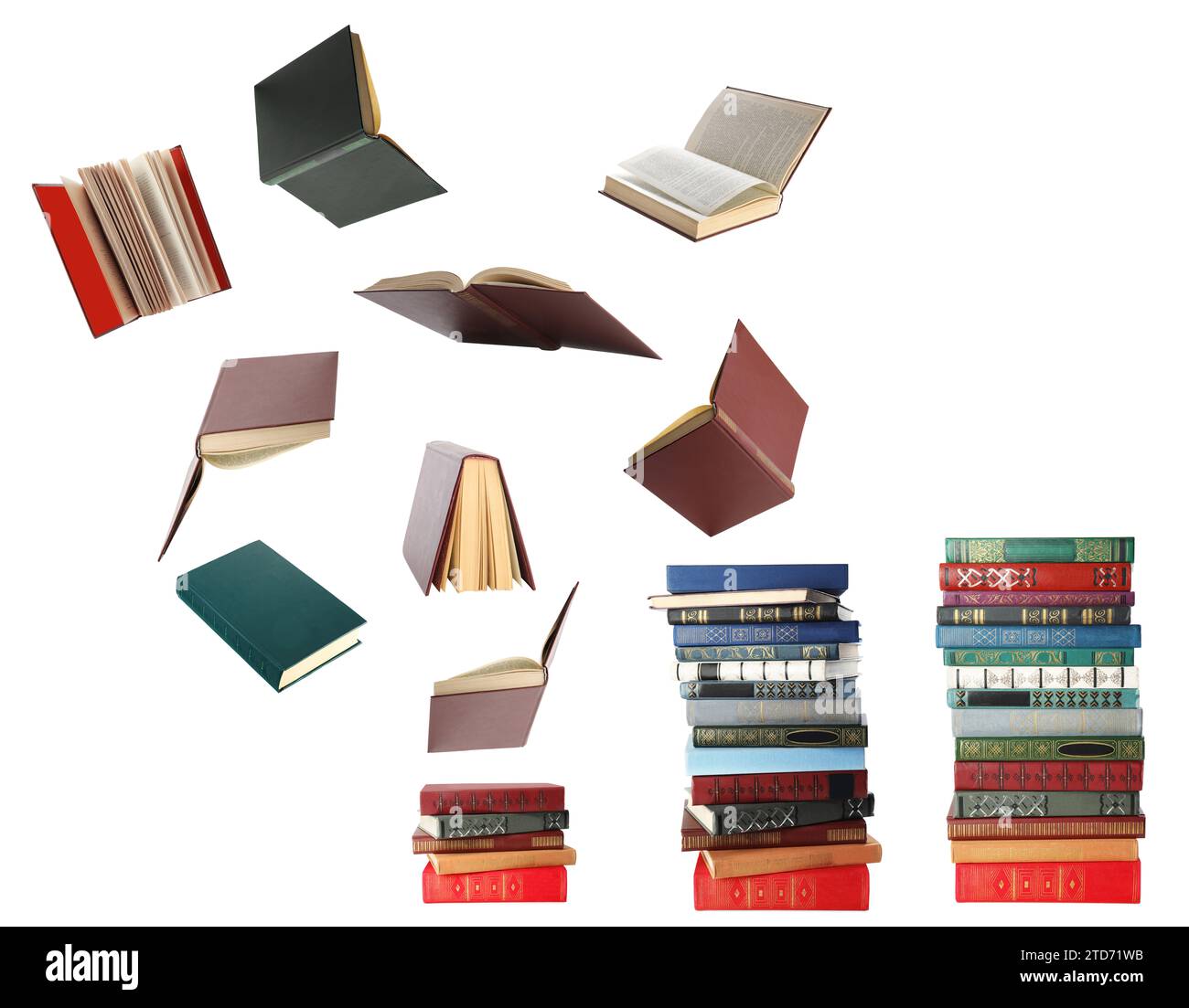 Books flying over stacks on white background Stock Photo - Alamy