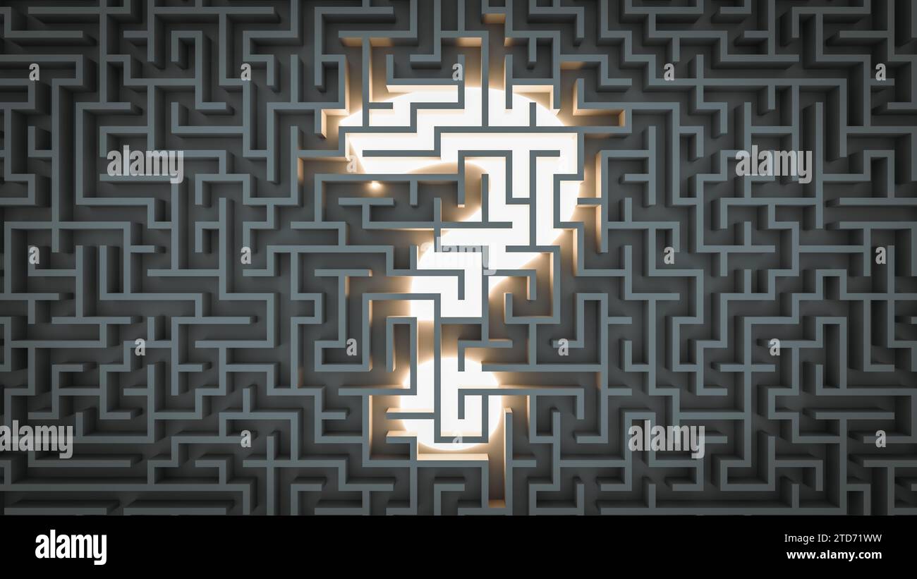 A question mark lost in the maze without finding the answer, 3d ...