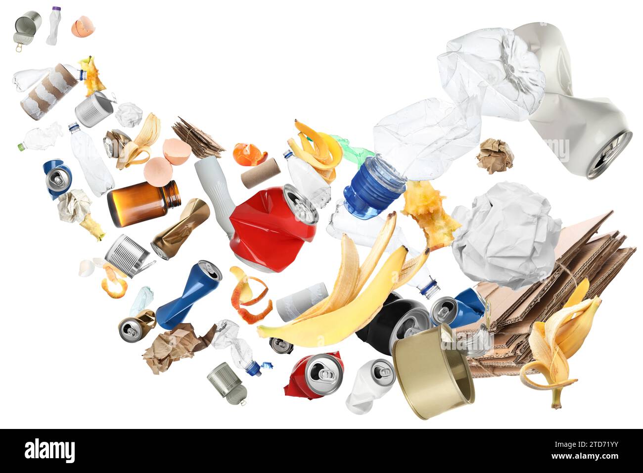 Lots of different garbage flying on white background Stock Photo - Alamy