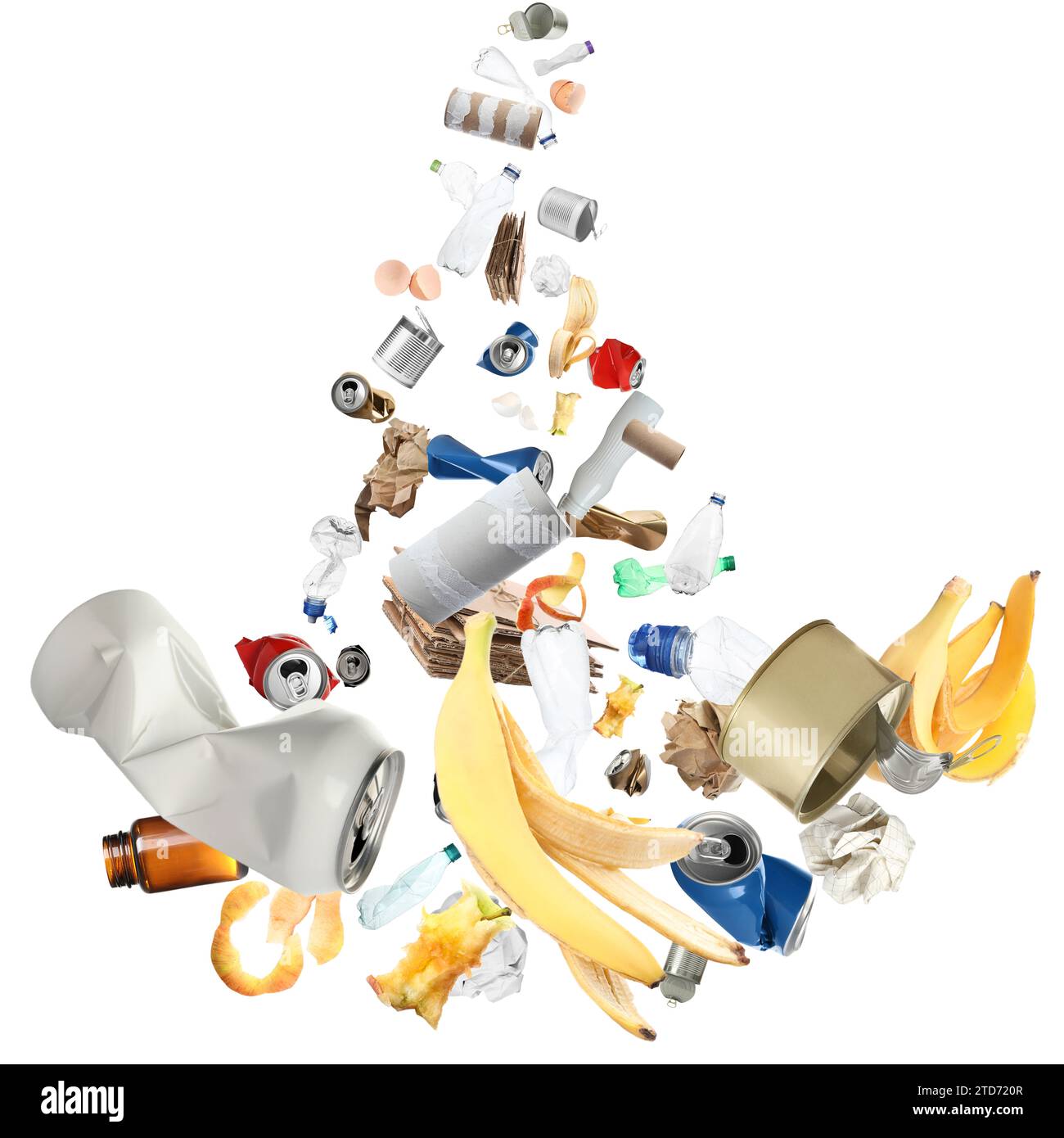 Lots of different garbage flying on white background Stock Photo - Alamy