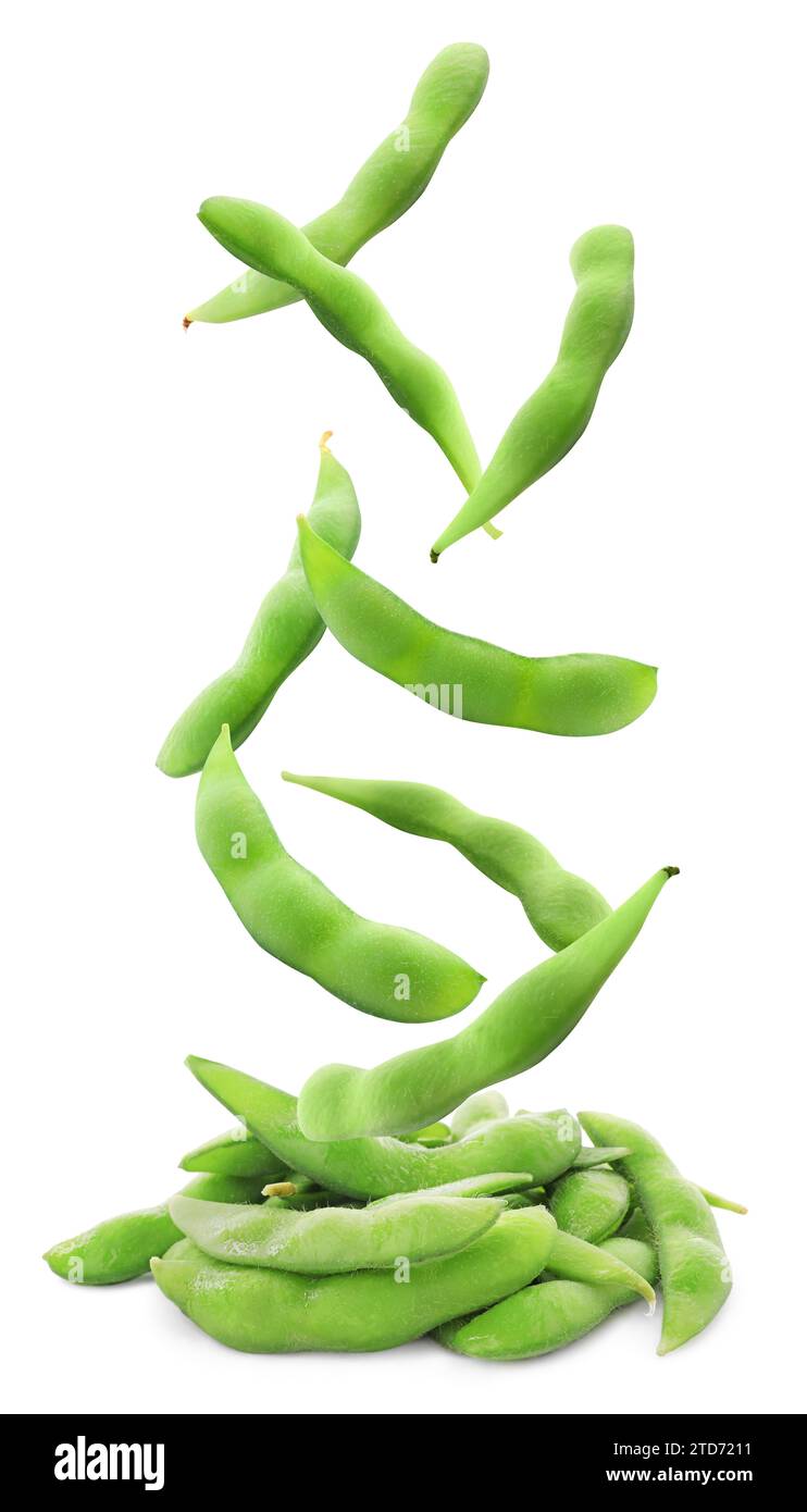 Raw green edamame pods falling onto pile against white background Stock ...