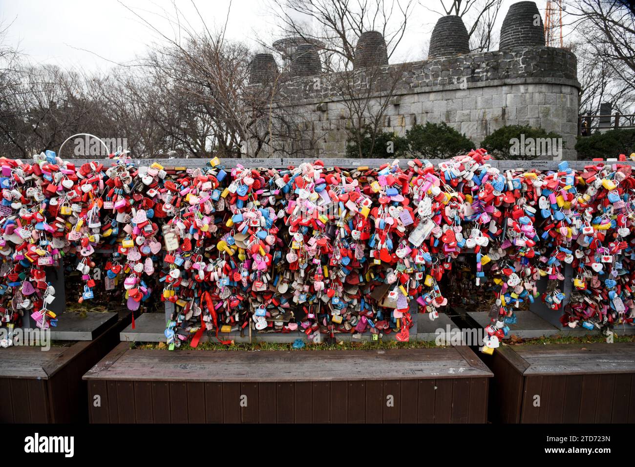 Love Lock Bridge at the base of Seoul Tower in Seoul, South Korea on ...