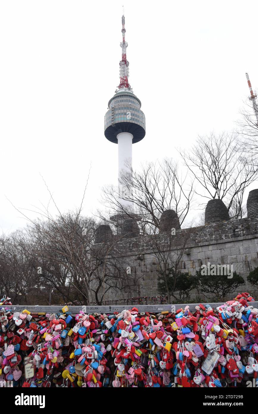 Love Lock Bridge at the base of Seoul Tower in Seoul, South Korea on ...