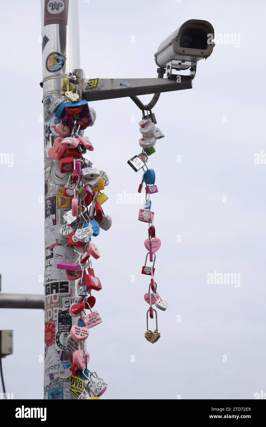 CCTV at Love Lock Bridge at the base of Seoul Tower in Seoul, South ...