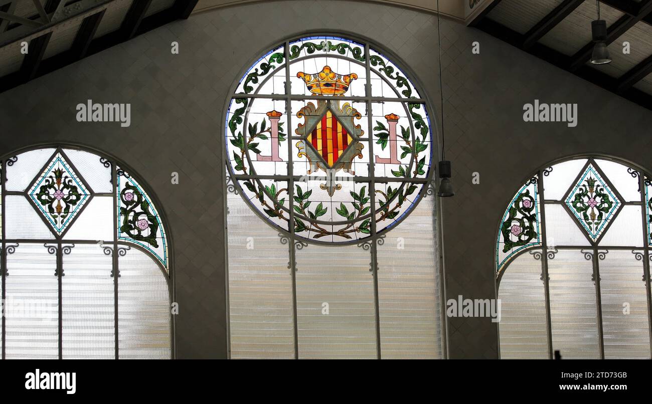 Valencia, 04/01/2007. Detail of the stained glass windows of the ...