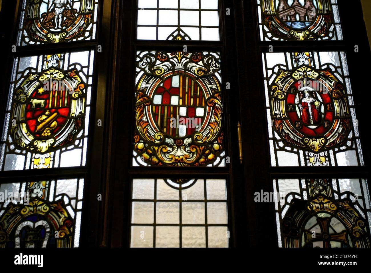 Madrid, 11/05/2007. Stained glass windows of the Madrid City Council ...
