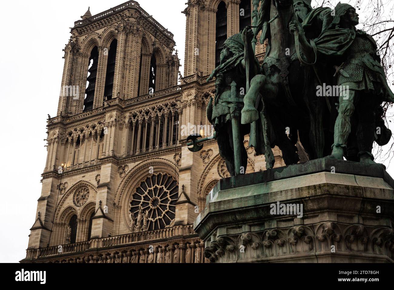 Paris, France. 13th Dec, 2023. View of the facade of Notre-Dame Cathedral. Notre-Dame cathedral ...