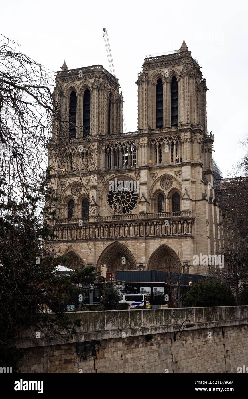 Paris, France. 13th Dec, 2023. View of the facade of Notre-Dame Cathedral. Notre-Dame cathedral ...