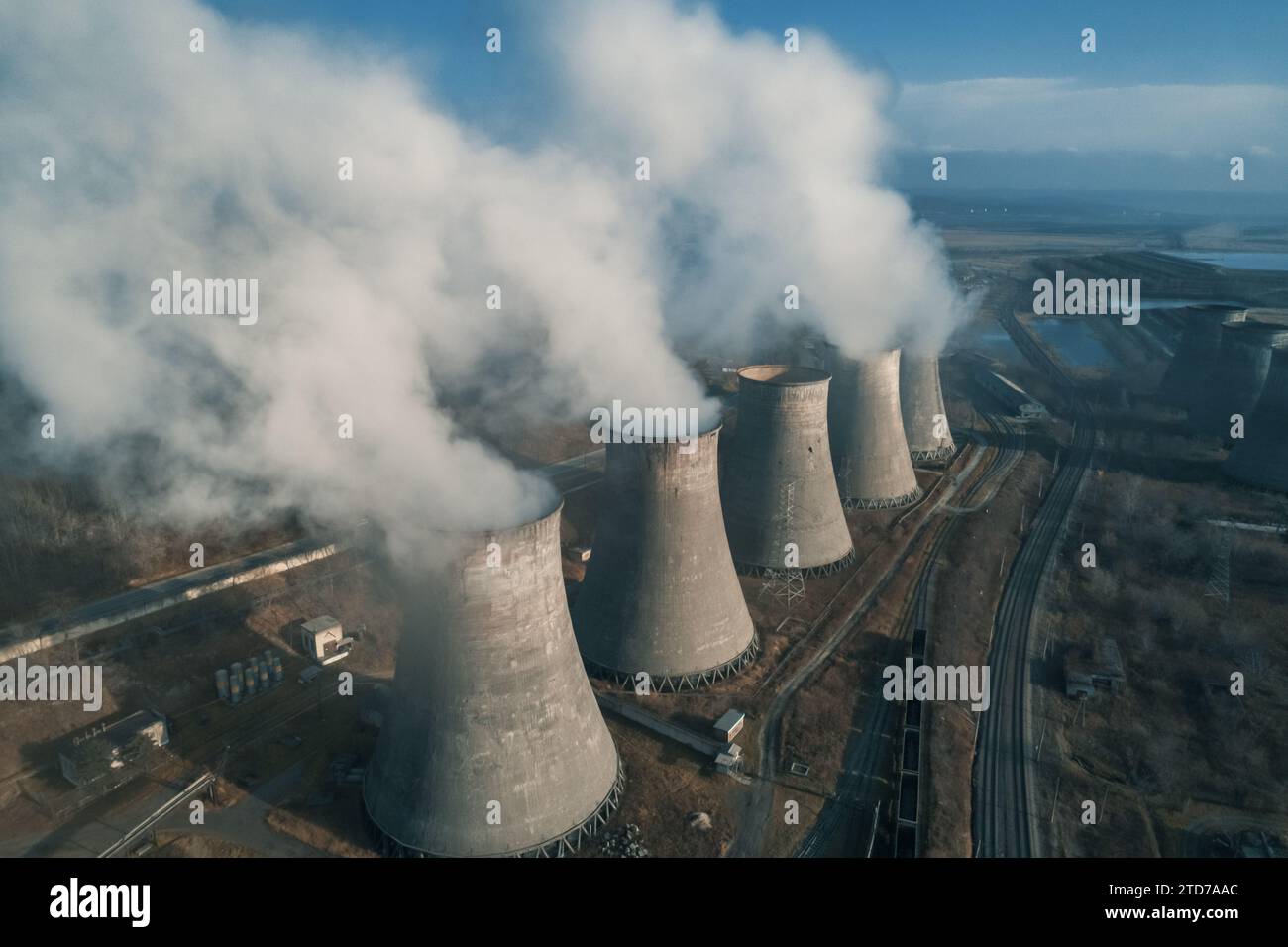 Aerial view of an industrial zone pipes pouring thick white smoke ... Aerial view of an industrial zone pipes pouring thick white smoke ...