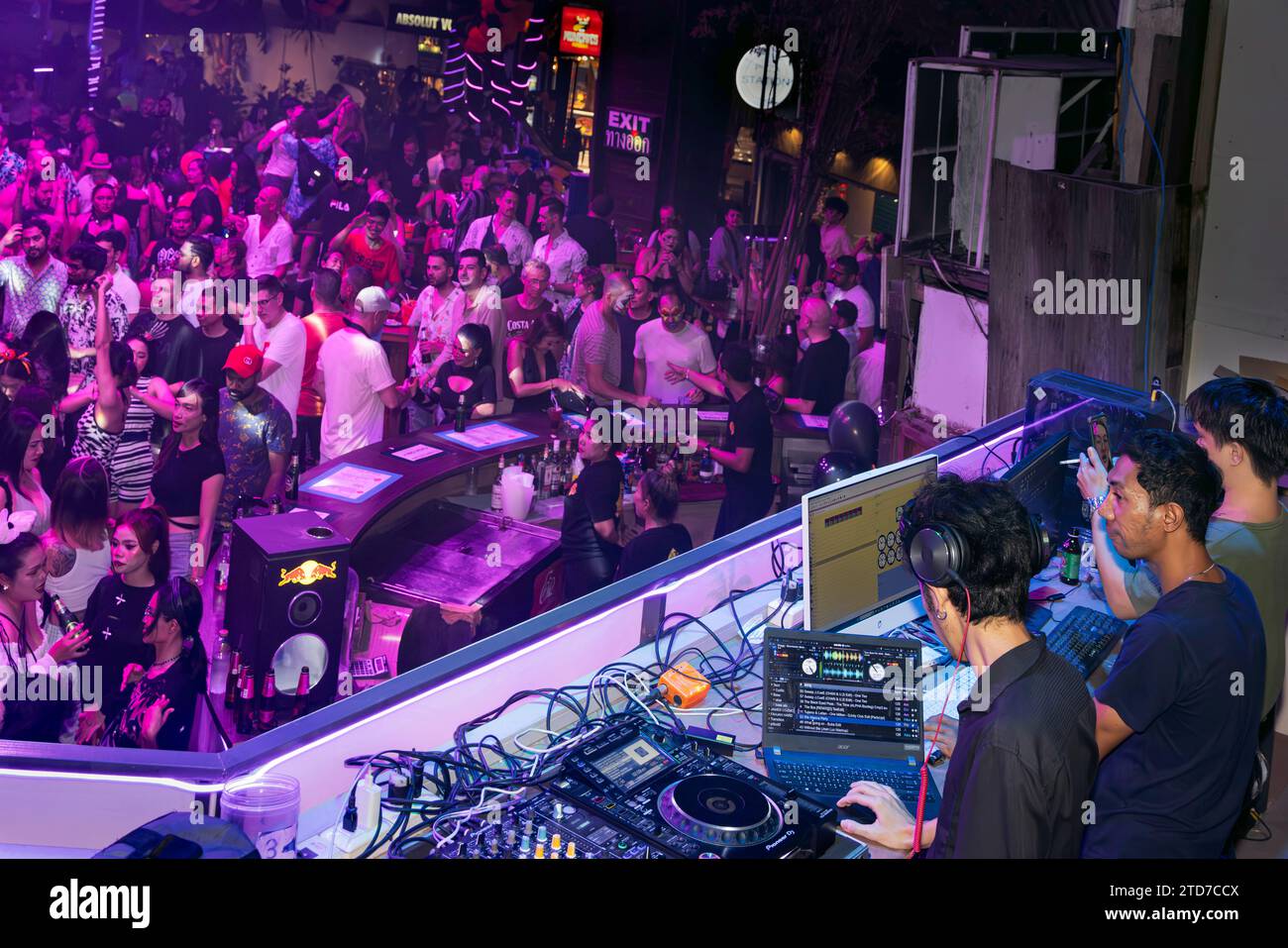 DJ booth overlooking dancers at Halloween disco party, Green Mango ...