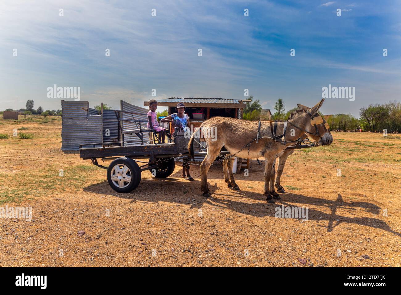 donkey cart, woman and child in front of a street vendor in a shack ...