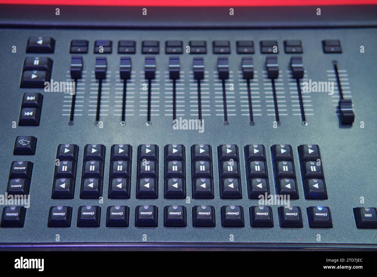 Sound mixer control panel, closeup of audio mixing console in nightclub ...