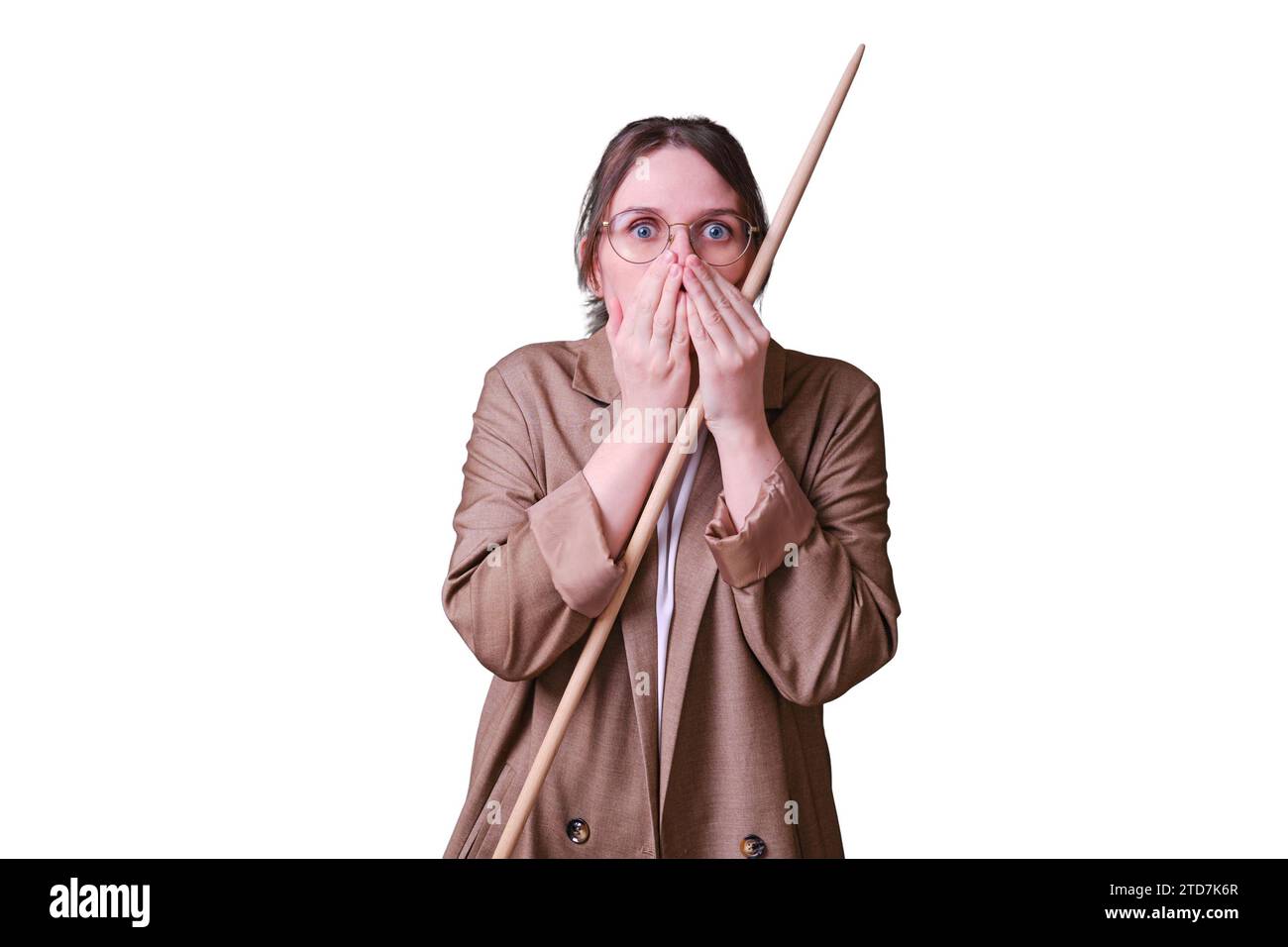Scared woman teacher with pointer on studio isolated on a white ...