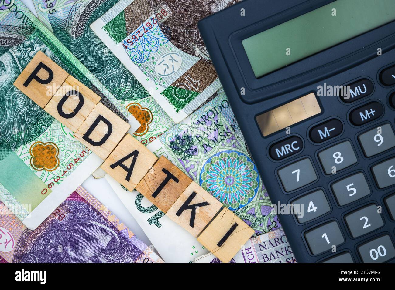 Polish word "Podatki" tax with a calculator accounting Polish zloty ...