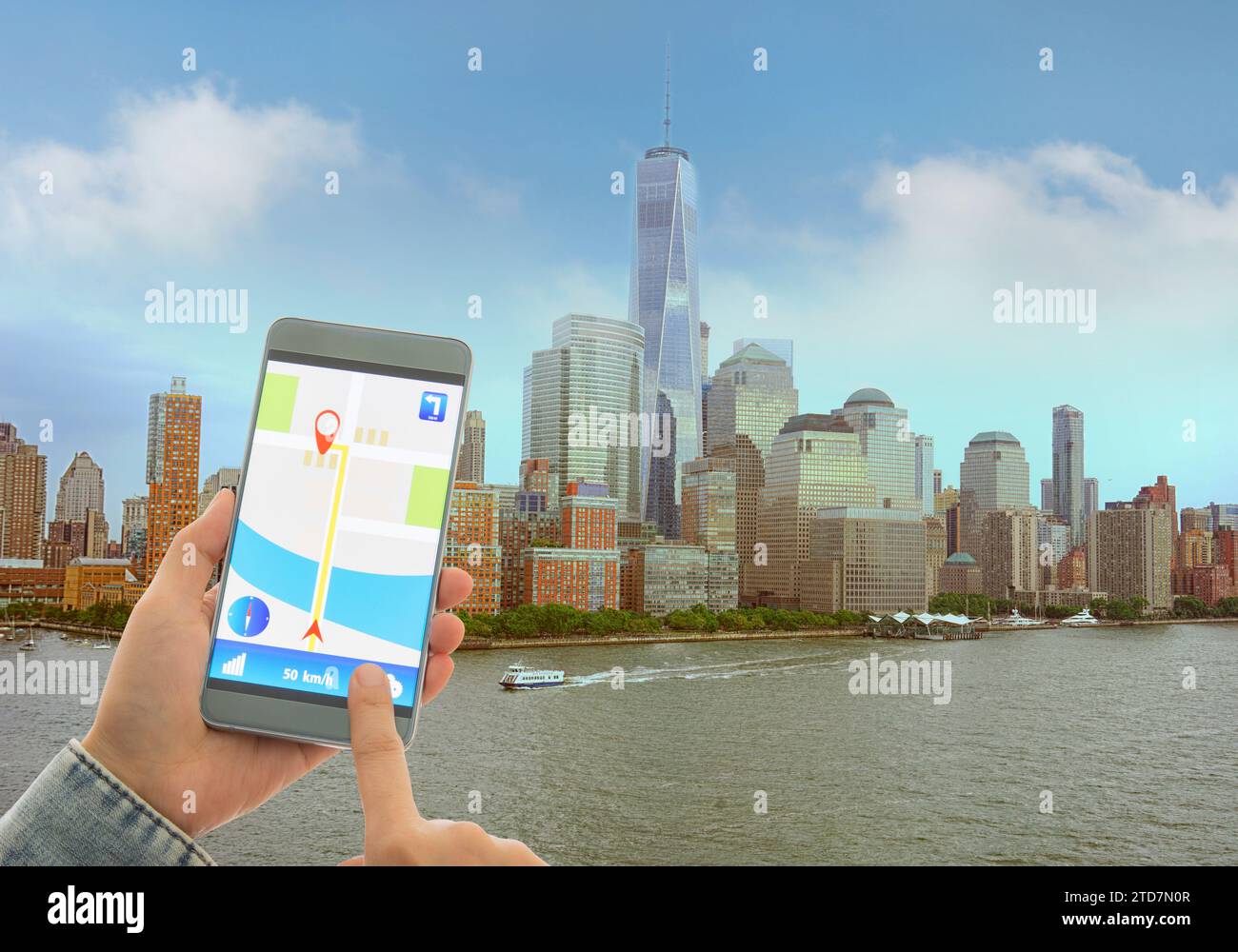 Using the navigation system or GPS smartphone mobile phone to navigate to your destination Stock ...