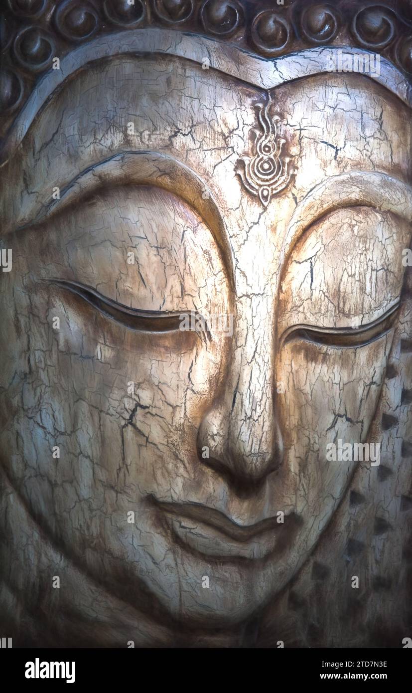 Watercolor Paintings of Buddha faces carved out of wood Stock Photo - Alamy