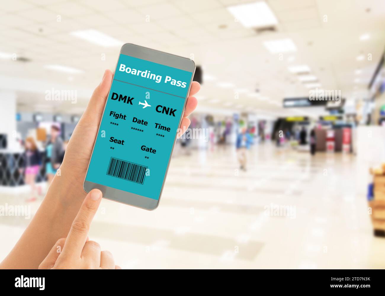 Using mobile smart phone Check In Airport Flight. Traveling Concept ...