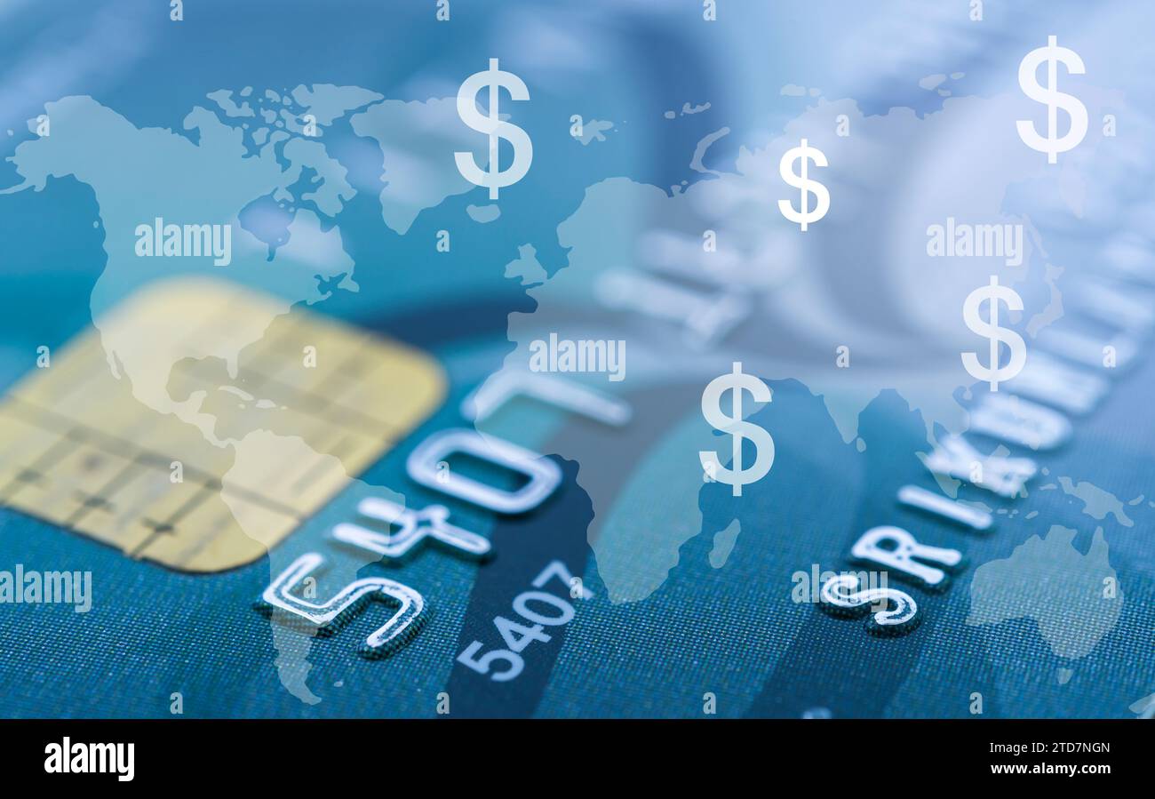 global finance credit concept. double exposure credit card,world map ...
