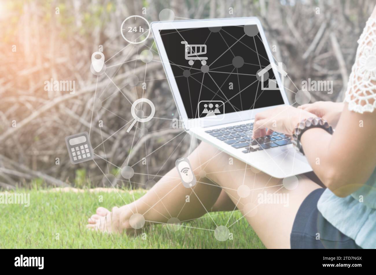 Digital social media network icon with women using laptop computer at ...