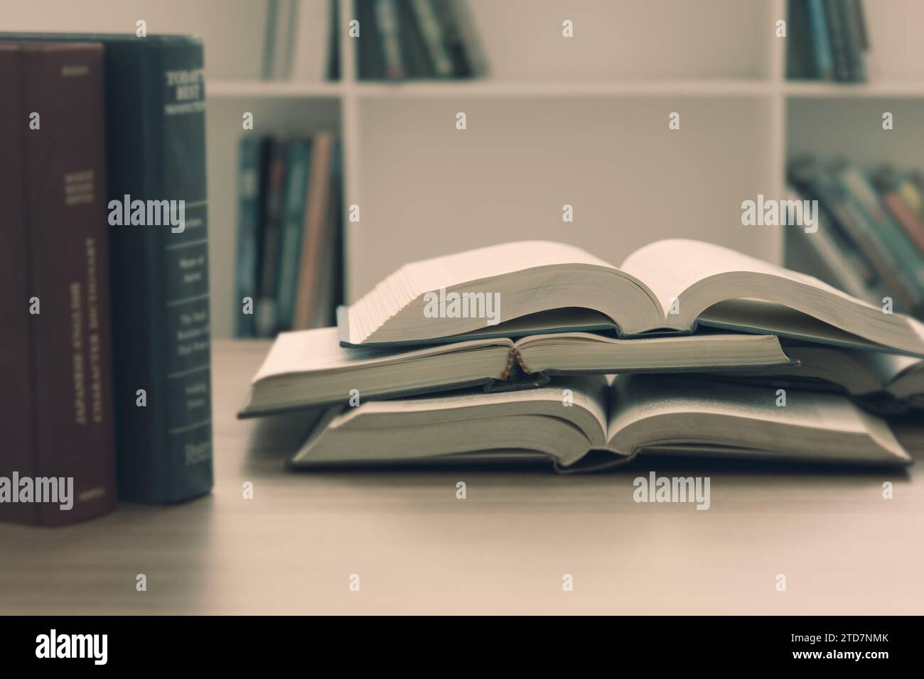 open book on desk in library for reading vintage background. free copy ...