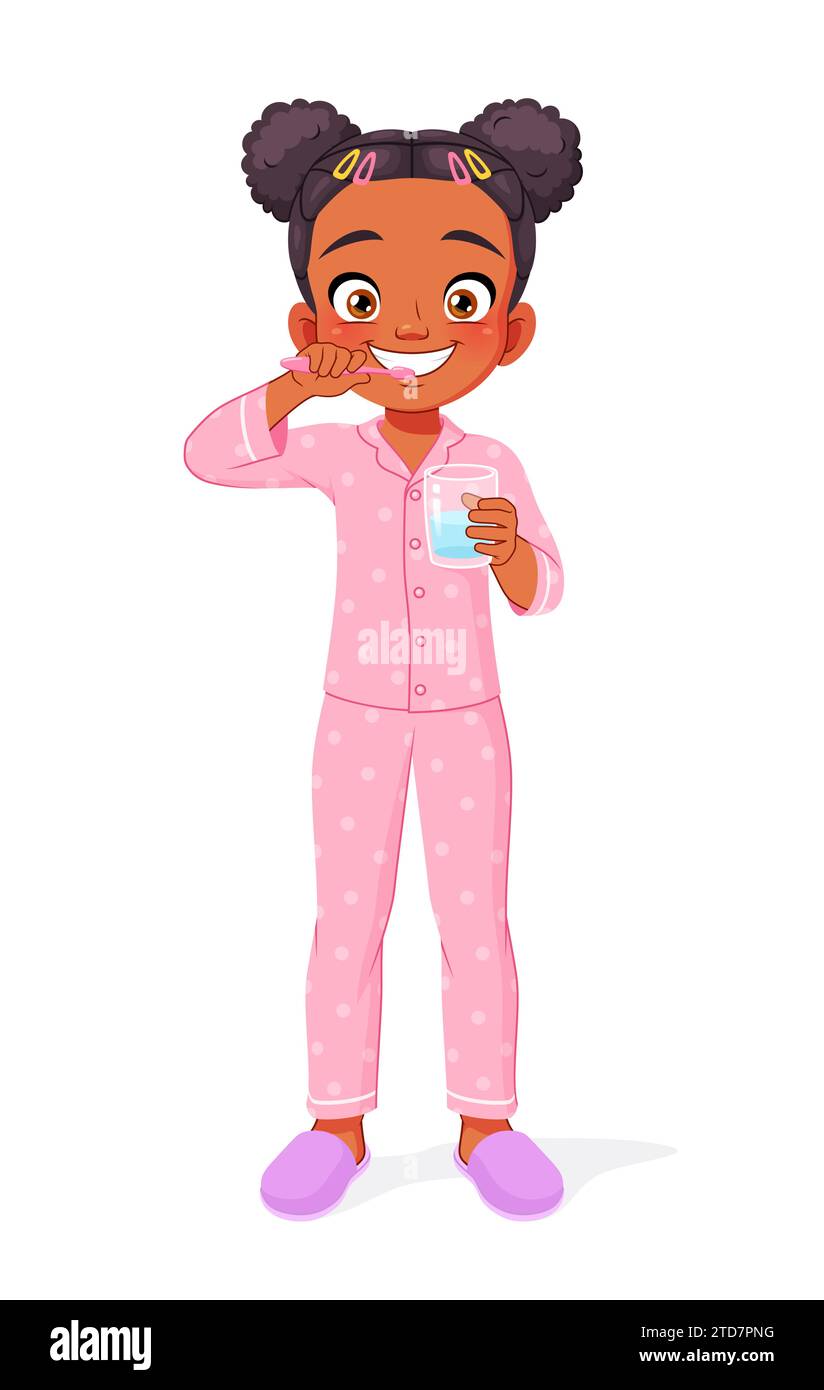 Cute African American girl brushing her teeth. Cartoon vector ...