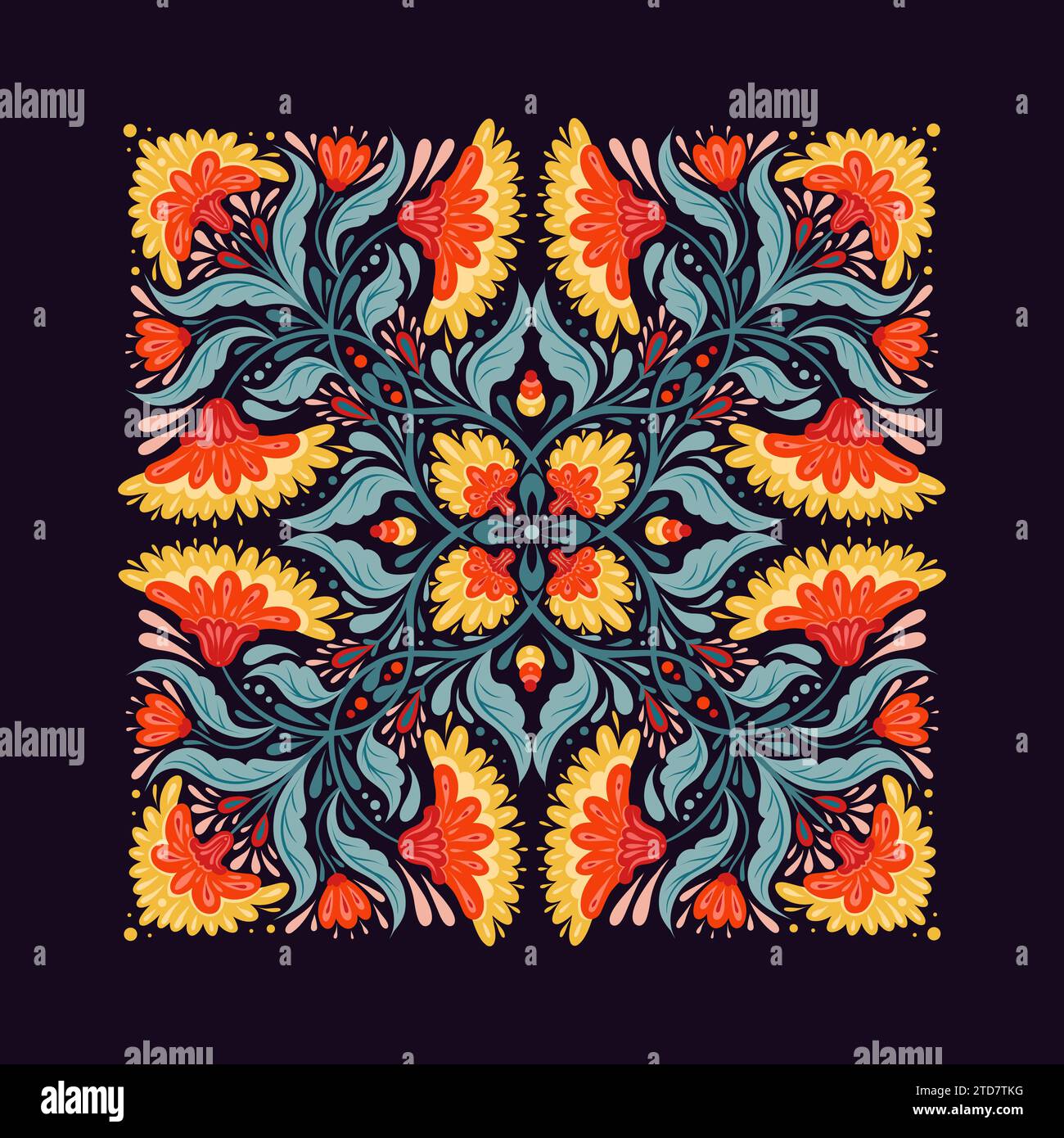 Vector decorative illustration with square floral ornament. Folk art ...