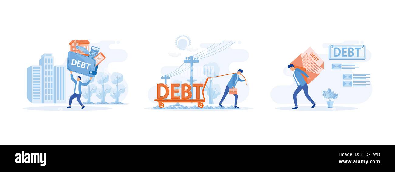 Businessman carrying heavy debt burden, sweating and pulling Man in ...