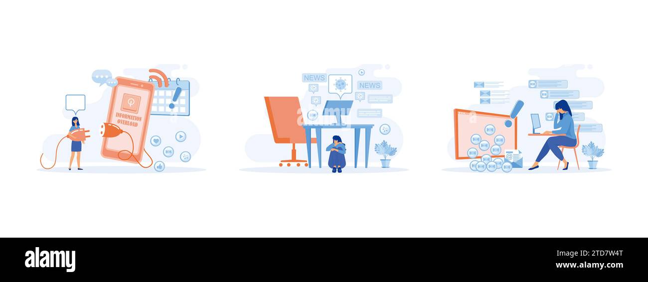 Information overload. Stressed person in info flood. Girl protecting ...