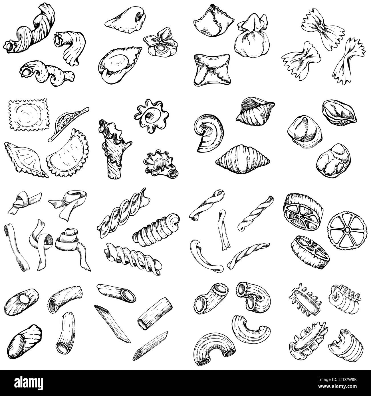 Hand drawn vector ink illustration. Types of pasta assortment Italian ...
