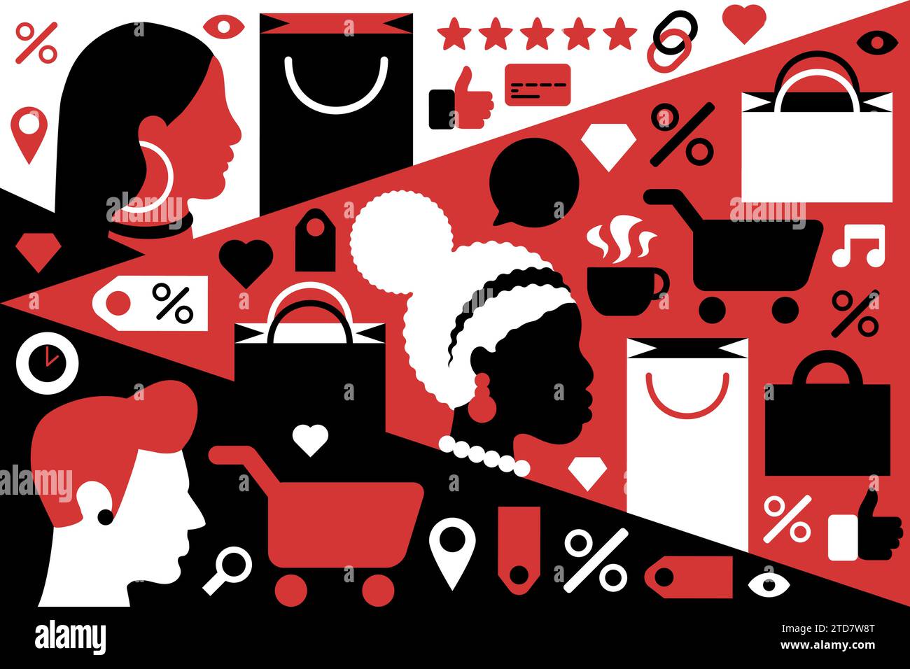 People Shopping poster in black red white colors with men and women of ...