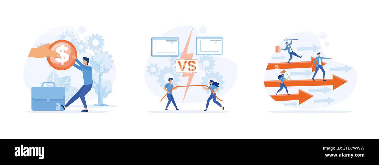 Business competition with large investors,Men and women pulling rope ...