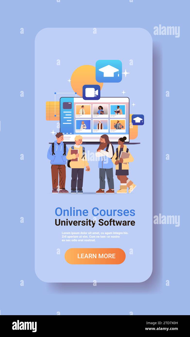 mix race students group discussing during video call on laptop screen ...