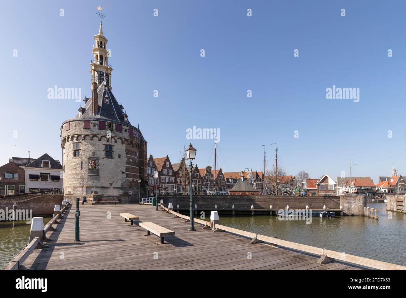 Medieval defense tower and harbor in the medieval Dutch city of Hoorn ...