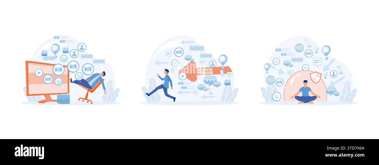 Input overloading. Young man running away from information stream ...