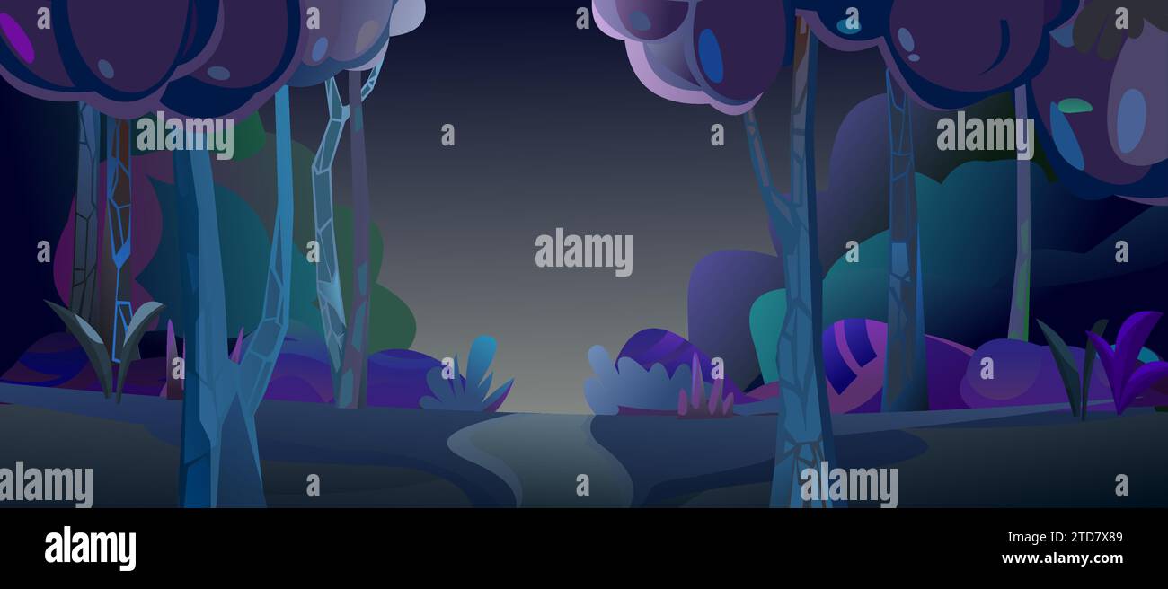 Path in night forest. View of trees. Scenery Landscape. Fun cartoon ...