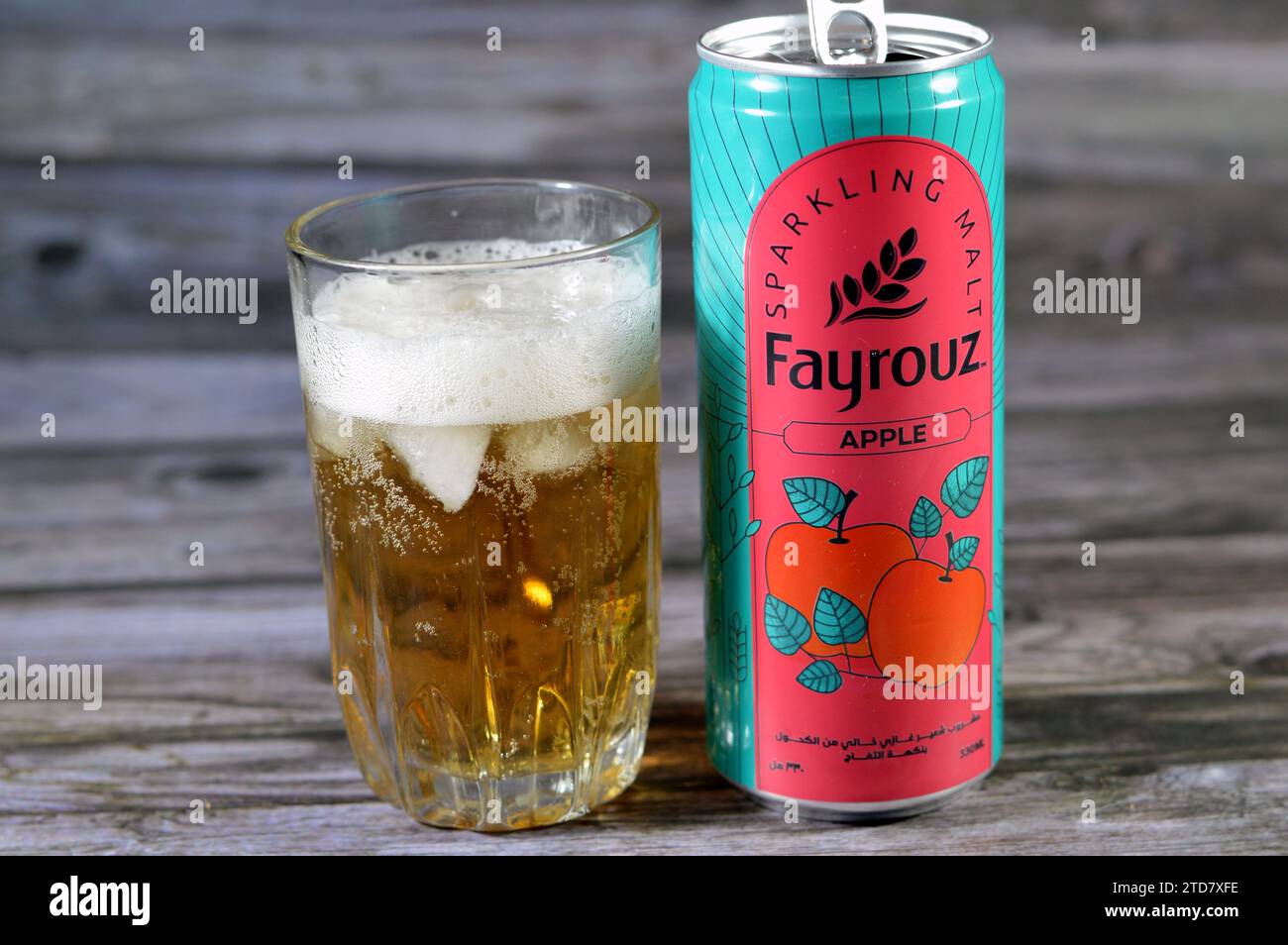 Cairo, Egypt, December 13 2023: Fayrouz Apple malt drink can, natural ...