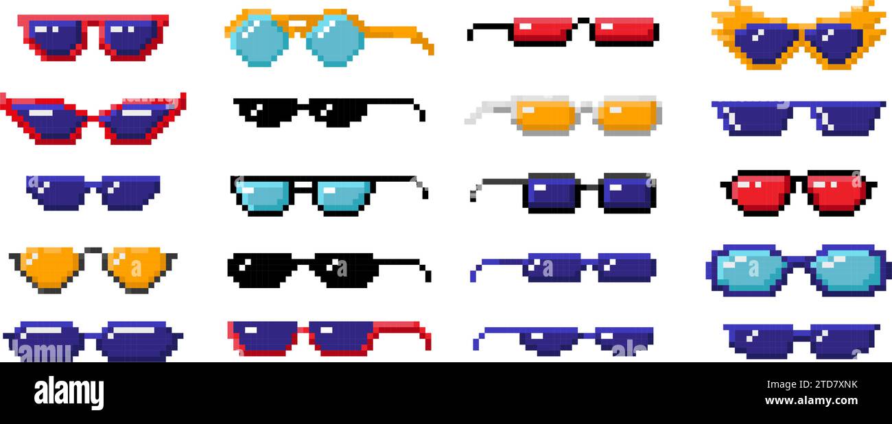 Pixel art sunglasses. Color 8 bit glasses for pranking memes, pixelated ...