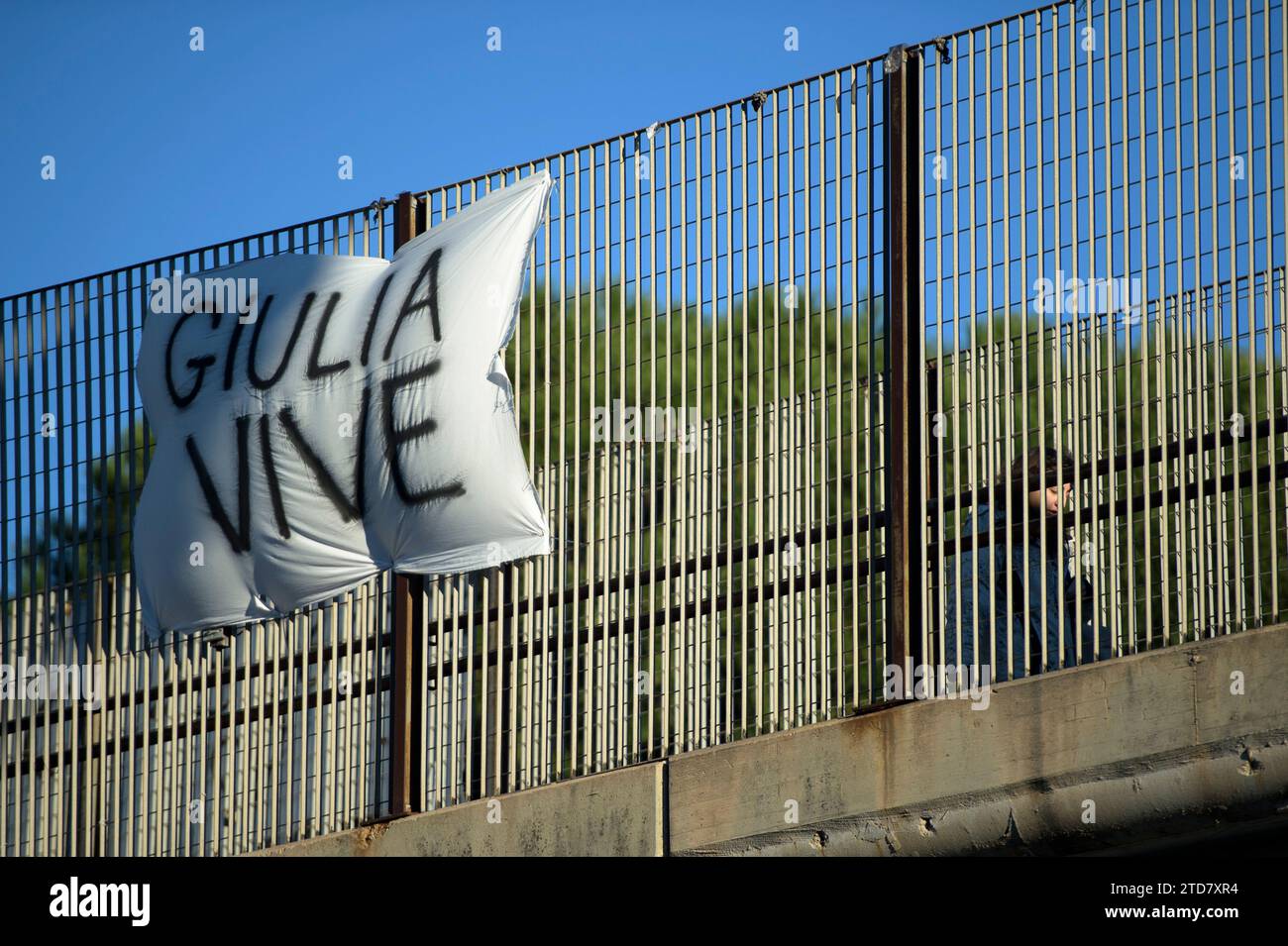Rome, Italy. 16th Dec, 2023. A banner hanging on an overpass in Rome ...