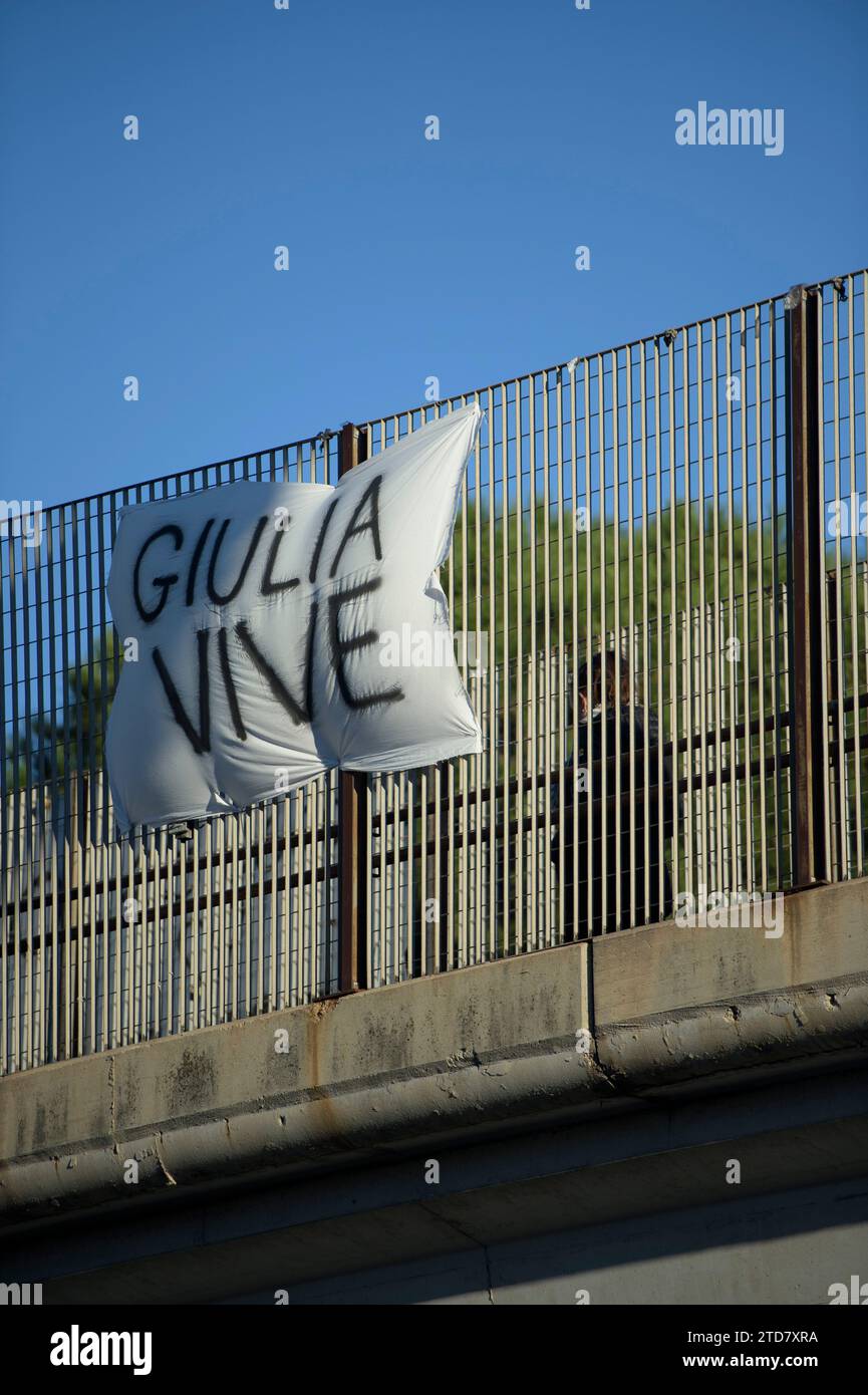 Rome, Italy. 16th Dec, 2023. A banner hanging on an overpass in Rome ...