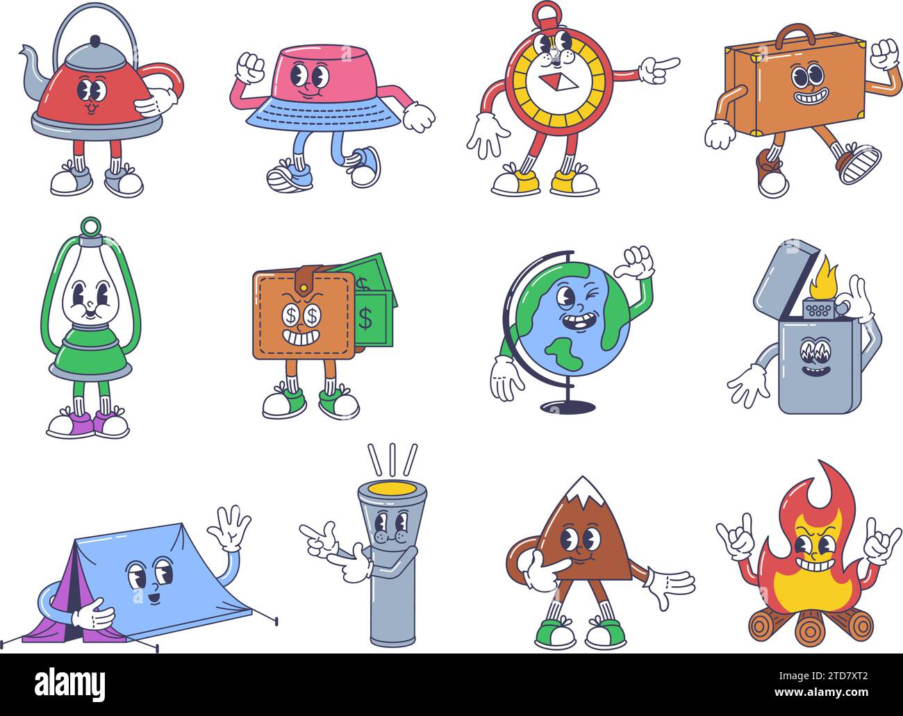 Cartoon travel mascots. Explorer adventure characters, camping tent ...